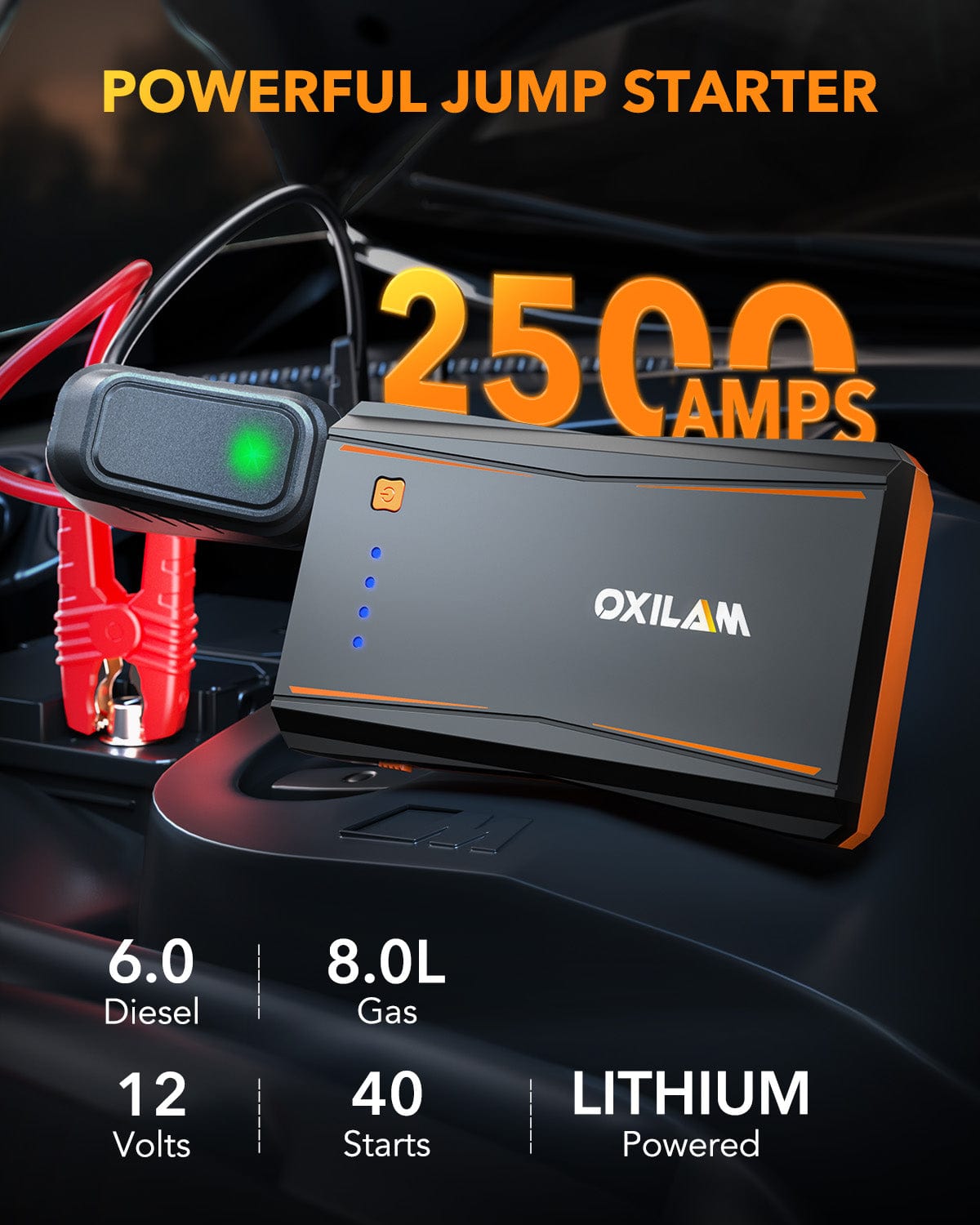 OXILAM Jump Starter Y1 2500A Peak 8L Gas and 6L Diesel Engines UltraSafe 12V Portable Jumper Cables with Battery Pack